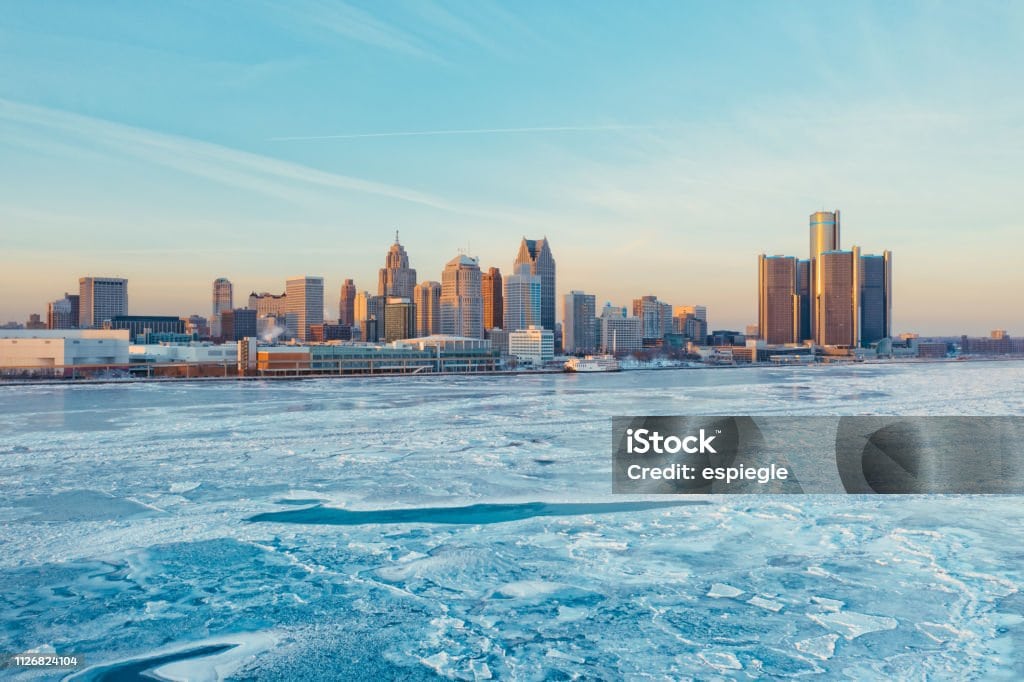 Detroit skyline with frozen river | Mittens for Detroit